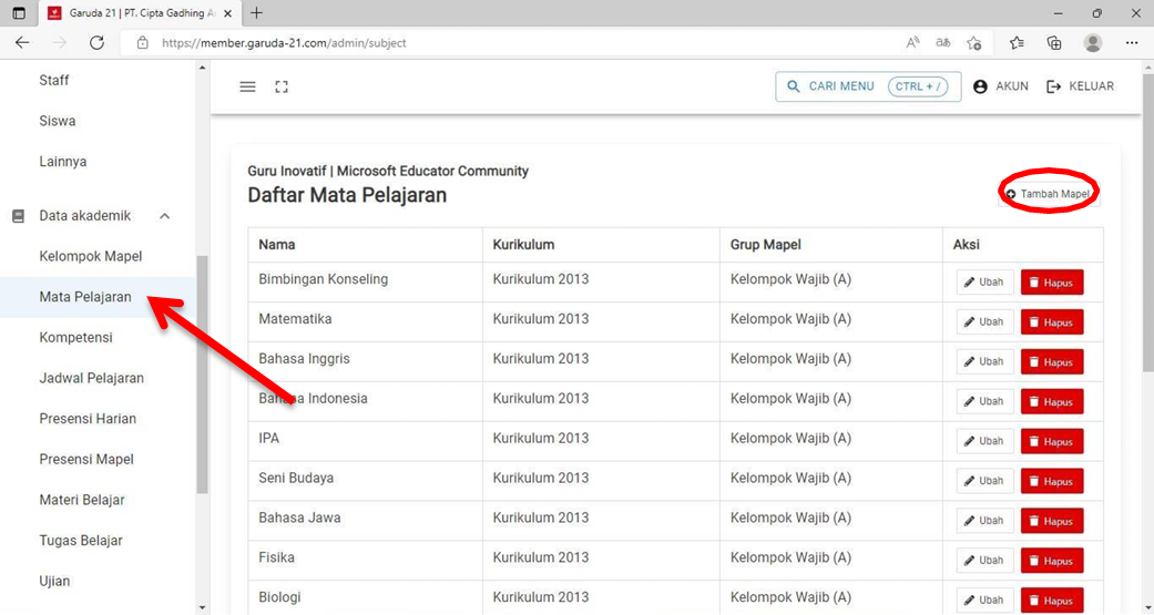 Setting Mata Pelajaran – Tracker GARUDA-21.com
